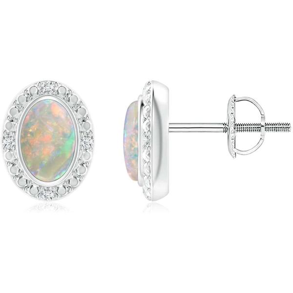 商品名ANGARA ガールズ用 ベゼルセット オーバル オパール スタッド ピアス ビーズ ヘイロー 14K ゴールド (6x4mm オパール) イエローANGARA Natural Opal Halo Earrings for Women...