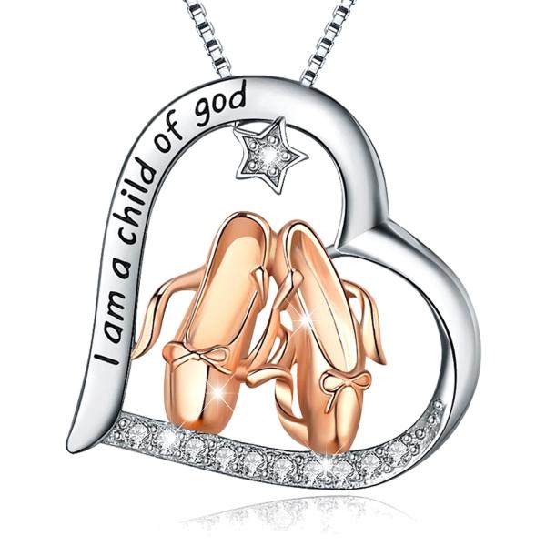商品名:  ASLBUNM Ballet Shoe Necklace S925 Sterling Silver I am a Child of God Dancing Pendant Necklaces Love Heart Jewelry...