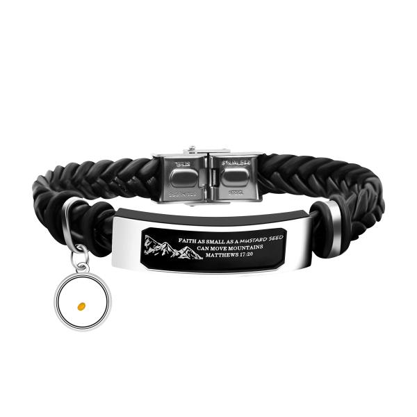 商品名: レザーリストバンドブレスレット Faith Small AS A マスタードシード Can Move Mountains Matthew 17:20, 金属, 樹脂 Uloveido Black Braided Leather B...