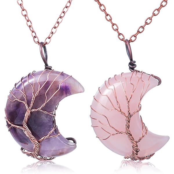 商品名クリスタルネックレス ライフツリー 三日月 ネックレス クォーツ ムーンジュエリー 宝石ペンダント 女性用 2個, ホワイトクリスタルとブラックメノウ、金属, メノウ、クォーツHicarer 2 Pcs Life Tree Wire ...