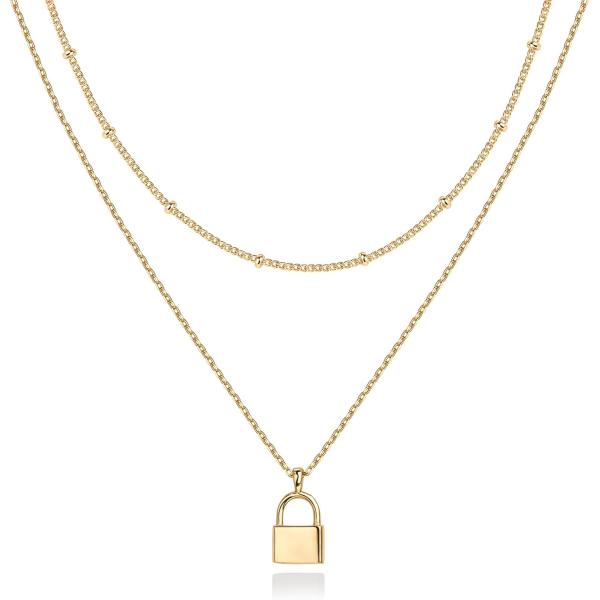 商品名21C-N03 重ね付けネックレス, 金属, キュービックジルコニア,PAVOI 14K Gold Plated Layered Lock Pendant Necklace | Layering Necklaces for Women...
