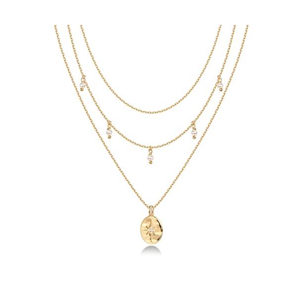 商品名: 21C-N03 重ね付けネックレス, 金属, キュービックジルコニア, PAVOI 14K Gold Plated Layered Pearl Pendant Necklace | Layering Necklaces for W...