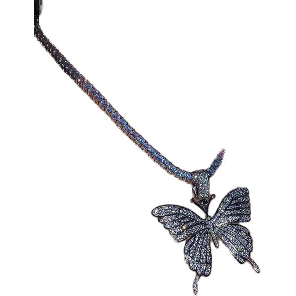 商品名Asphire スパークリング ラインストーン バタフライ ペンダント ネックレス アイスアウト バタフライ タッセル チョーカー ネックレス セット パンク 光沢 テニス チェーン ネックレス レディース E ガールズ (シルバー)...