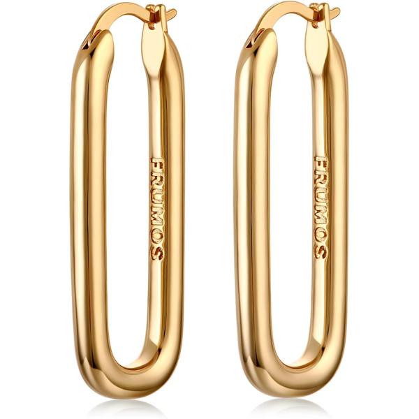 商品名FRUMOS 18K Gold Plated Chunky Oval Hoop Earrings for Women - Fashion Thick Gold Hoops Jewelry Set for Girls Birthday ...