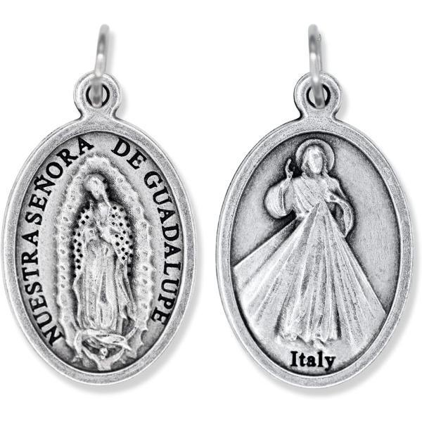 商品名シルバーグアダルーペの聖母メダルと神の慈悲イエスとマリア スペイン語 1インチペンダント 聖母マリア ネックレス 女性用 - Nuestra Senora de Guadalupe Medalla Virgen イタリア製Bulk P...