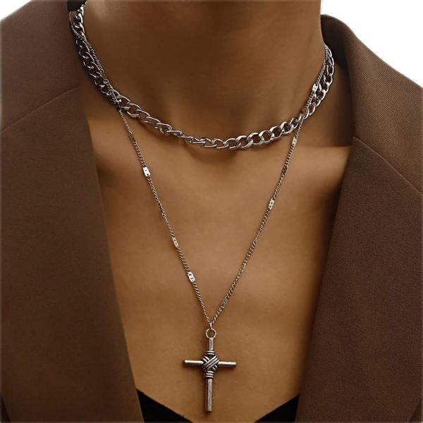 商品名クロス レイヤード ネックレス シルバー 厚手 チョーカー ネックレス クロス ペンダント ネックレス 女性用 124Cross Layered Necklace Silver Thick Choker Necklace Cross ...