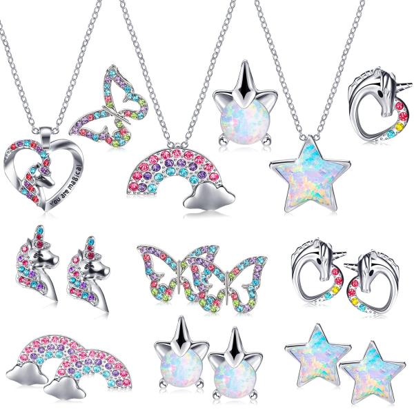 商品名:  18 Pack Girls Earrings and Necklace Set Unicorn Heart Butterfly Star Necklace Kids Earrings Rainbow Unicorn Access...