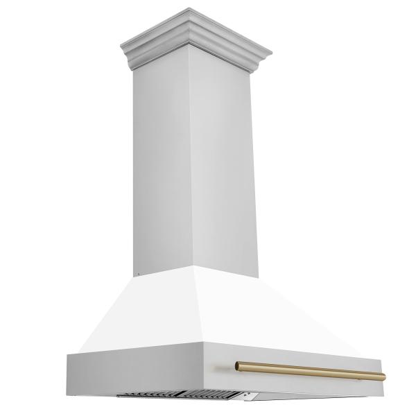 商品名:  36" ZLINE Autograph Edition Stainless Steel Range Hood with White Matte Shell and Champagne Bronze Handle (8654STZ...