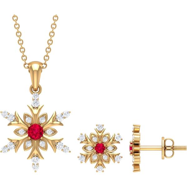 商品名[Rosec Jewels] Ruby Snowflake Pendant Necklace Earringsセットセットセット、女性のためのクリスマスジュエリーギフト、女の子, 14Kイエローゴールド, チェーン付きCreated ...