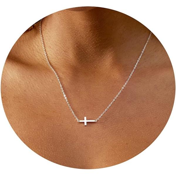 商品名Tasiso Side Ways Cross Pendant Necklace for Women Silver Plated Dainty Sideway Cross Necklace Horizontal Faith Neckla...