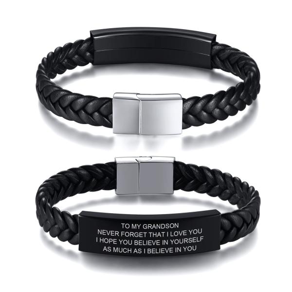 商品名: MEALGUET to My Grandson ギフトブレスレット | 刻印 インスピレーションメッセージ Never Forget That I Love You 編組レザーブレスレット おばあちゃんから孫へ 誕生日 卒業 新学...