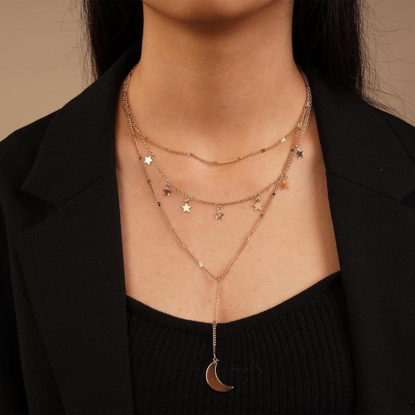 商品名YERTTER ボーホー 3層 月 ペンダント ネックレス ロング スモール チェーン スター チャーム 三日月 チョーカー タッセル チョーカー セット レイヤー ステートメント ゴールド チェーン チョーカー ペンダント ネックレ...