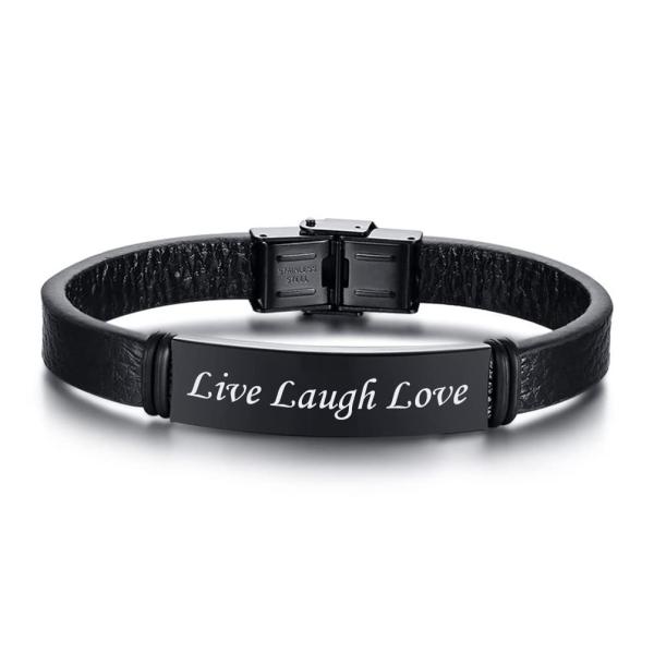 商品名:  SHNIAN Black Stainless Steel ID Tag Artificial Leather Bracelet Men Engraved Inspirational Gift for Men Women Wris...