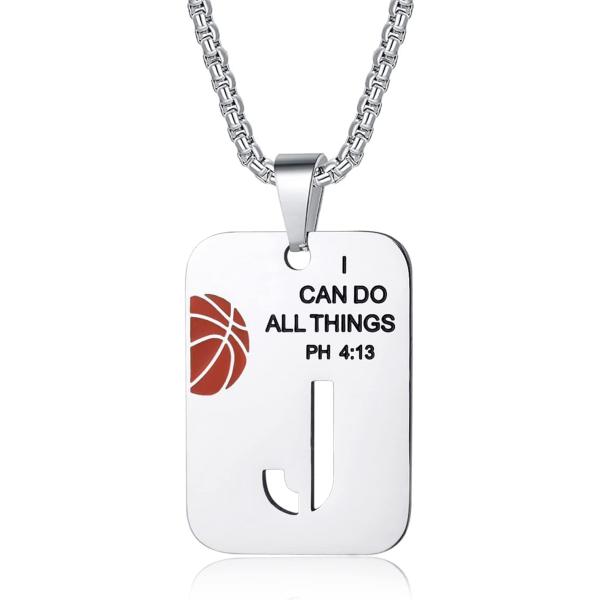 商品名XOYOYZU バスケットボール ネックレス ボーイズ イニシャル レターペンダントネックレス 聖書の一節 I CAN DO All Things ステンレススチール スポーツジュエリー メンズ, エナメル, ステンレススチールXOY...