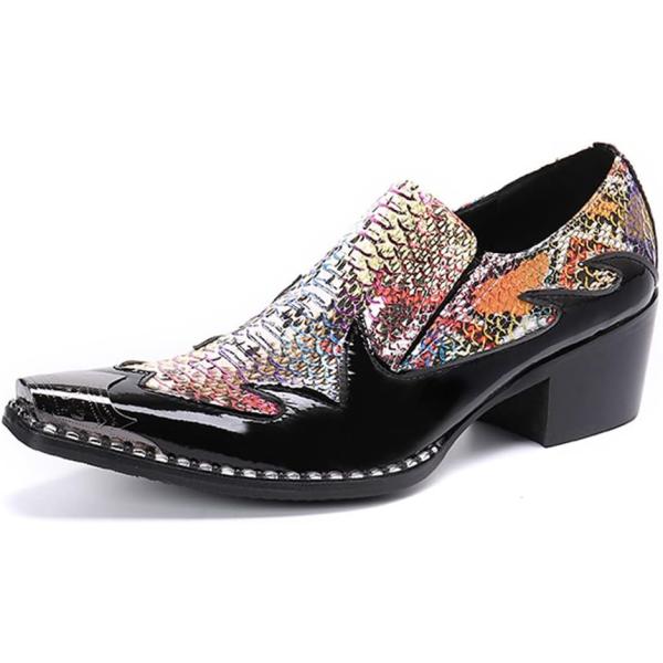 商品名Santimon Men's High Cuban Heel Dress Loafers Metal Cap Fashion Leather Snake Print Ballroom Formal Party Dancing Nigh...