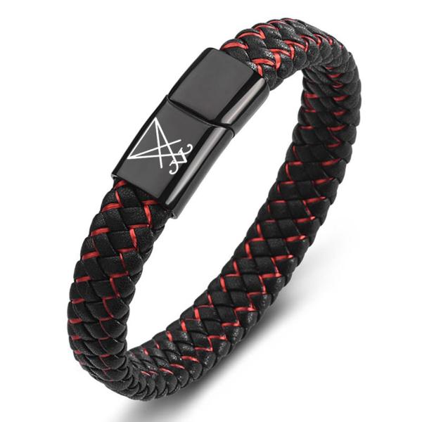 商品名:  SHNIAN Satan Symbol Signet Bracelet Titanium Steel Black &amp; Red Woven Leather Double Color Cuff Wristband Cross...