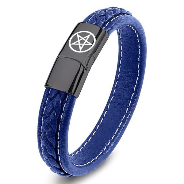 商品名:  SHNIAN Titanium Steel Blue Woven Leather Lucifer Cuff Wristband Satan Symbol Signet Bracelet Cross Satan Demon Dev...