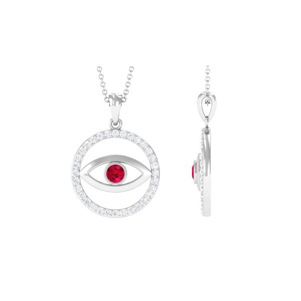 商品名: [Rosec Jewels] 1 CTはRubyとジルコンのペンダントを作成し、女性用のRuby Evil Eye Pendantネックレスを作成しました。, 14K ホワイトゴールド, チェーン付き 1 CT Created R...