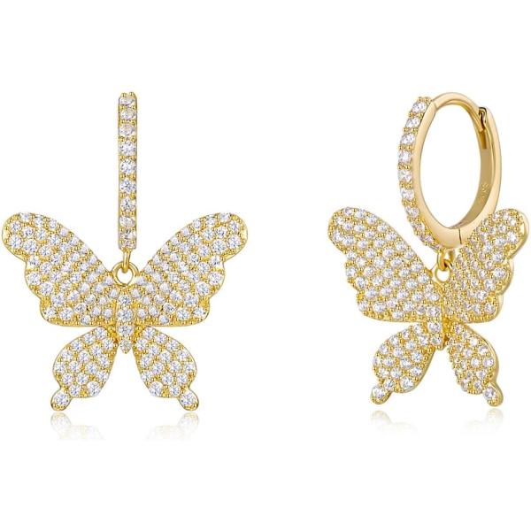 商品名FANCIME 14K Yellow Gold Plated 925 Sterling Silver CZ Cubic Zirconia Pave Dazzling Big Butterfly Trendy Statement Hoo...
