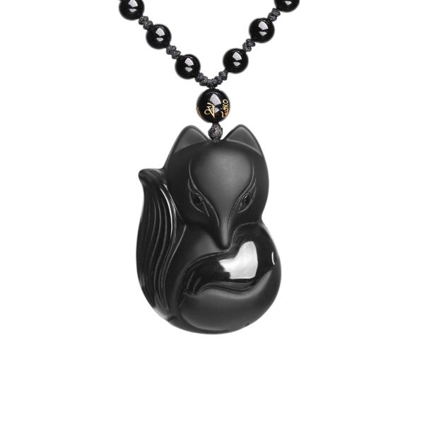 商品名: ブラックオブシディアンネックレス 幸運のお守り保護ペンダント 拡張ビーズチェーン付き ヒーリングクリスタルストーン タリスマンネックレス ジュエリー, ジェムストーン, 黒曜石 Fox Necklace Black Obsidia...