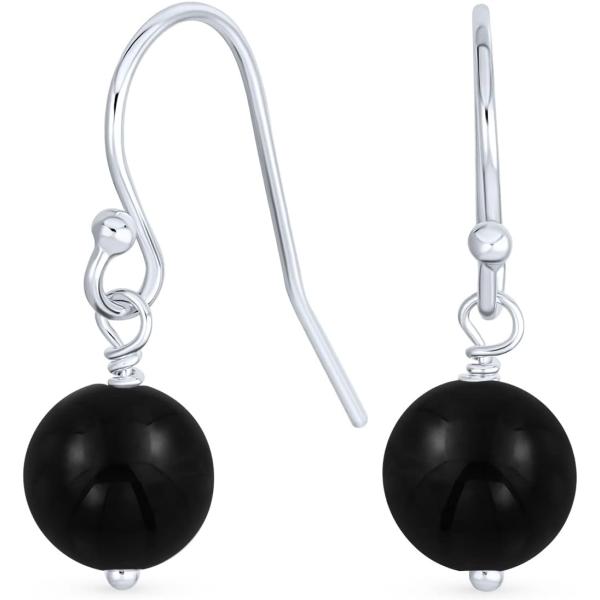 商品名「シンプルでプレーンな基本的な丸いオニキスビーズのダングルフレンチフィッシュフックワイヤーイヤリング、女性やティーンエイジャー向けのブラック。925スターリングシルバー」Simple Plain Basic Round Onyx Be...