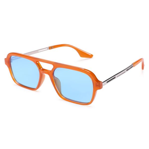 商品名: Pro Acme レトロ 70年代 アビエイター サングラス レディース メンズ フラット ヴィンテージ クラシック スクエア UV保護 シェード メタルデザイン アイウェア, オレンジフレーム | ブルーレンズ, M Pro A...
