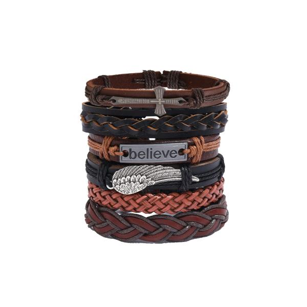 商品名: 6個パック エコレザーブレスレット Silldedr パンク 編み込みレザーブレスレット エスニック トライバル ブレスレット パーソナライズ ブレスレット ファッション クロス バングル メンズ レディース 伸縮性 長さ調節可能...