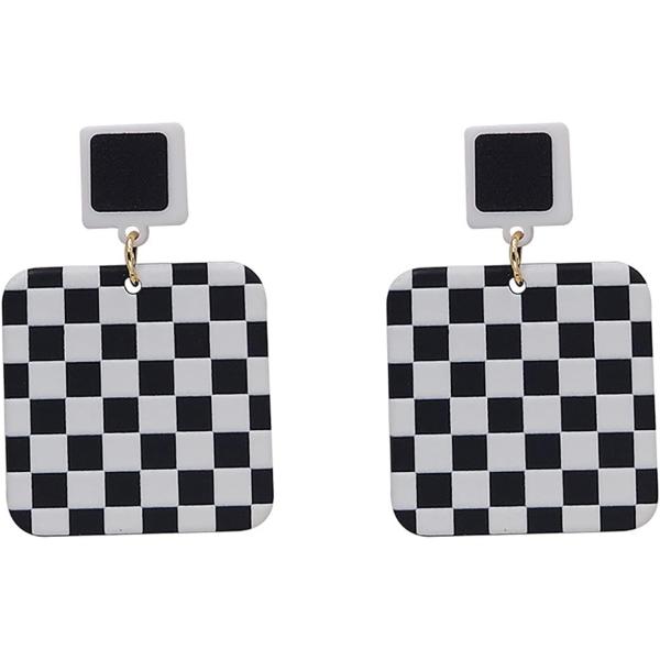 商品名白黒 チェック イヤリング アクリル ボヘミアン 幾何学模様 ストライプ チェック スタイリッシュ 洗練されたダングル ドロップ イヤリング レディース ガールズ ステートメントジュエリーギフト, Short Design, 樹脂, ...