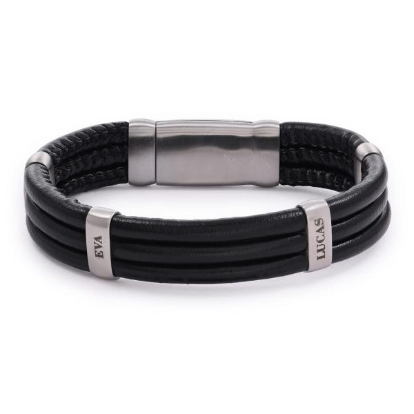 商品名:  MyNameNecklace MYKA - Personalized Vertical Tags Men Leather Bracelet with Engravings Names in Stainless Steel ? C...