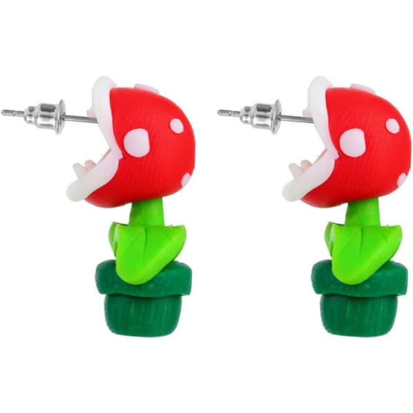 商品名面白いピラニアフラワーイヤリング、スーパーマリオ ピラニア プラント マン イーター フラワー スタッドイヤリング、ハンドメイド ポリマー粘土ジュエリー, 亜鉛, 金属Funny Piranha Flower Earrings, Pi...
