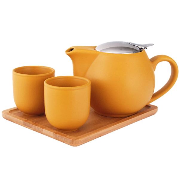 商品名:  Needzo Ceramic Tea Sets and Coffee Servers with Teapot, Strainer, 2 Handleless Mugs, and Bamboo Tray, Yellow Kitch...