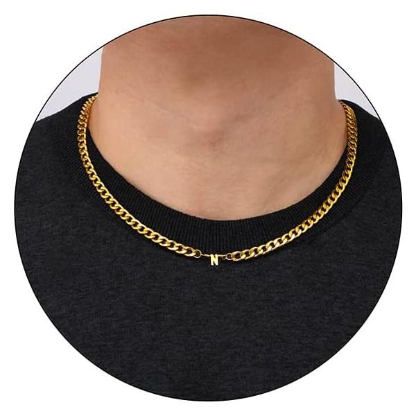 商品名Memgift Gold Chain for Women Dainty Cool Initial Letter 5mm Chain Stainless Steel ID Necklace Father's Day Valentine'...