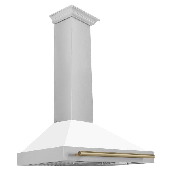 商品名:  ZLINE 36" Autograph Edition DuraSnow Stainless Steel Range Hood with White Matte Shell and Champagne Bronze Handle...