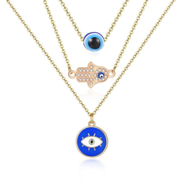 商品名: カラフル ブリング 邪眼 ネックレス ハムサの手 ペンダント ネックレス 3点セット ゴールドリンクチェーン 幸運のお守り ブレスレットセット, 金属, 金属 COLORFUL BLING Evil Eye Necklace Ha...