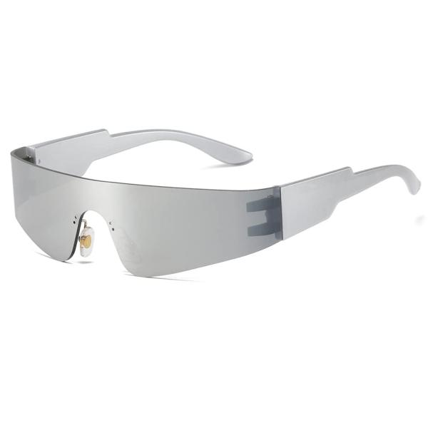 商品名: Y2K Futuristic Wrap Around Sunglasses Men Women Visor Cyber Glasses Sports Monoblock Cyclops (Silver Frame-Mirror S...