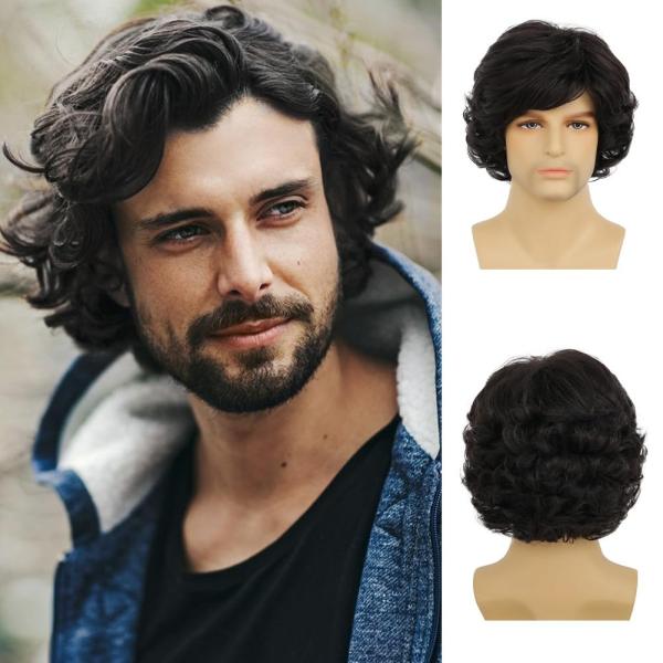 商品名:  Dai Cloud Black Wigs for Men Short Curly Natural Layered Fluffy Wigs Side Part Synthetic Cosplay Wigs Halloween Co...