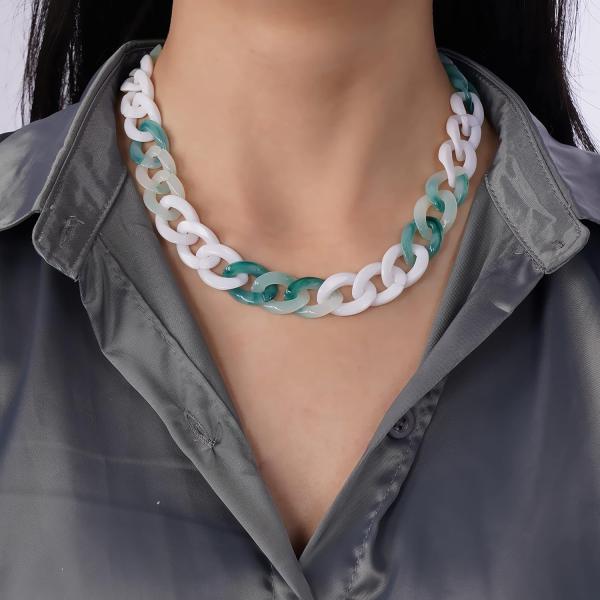 商品名YERTTER ボーホー ミックスカラー グリーン アクリルチェーン レディース 厚手チェーン リンクカラー ネックレス 樹脂 ホワイトリンク カーブチェーン チョーカー ネックレス ステートメントカラー チェーン ギフトYERTTE...