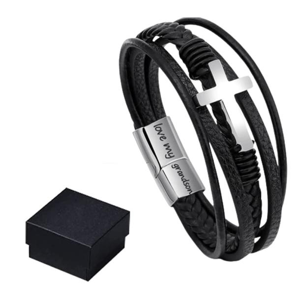 商品名:  To My Grandson Pray Through It Leather Cross Bracelet, Mens Leather Stainless Steel Black Braided Leather Bracelet...