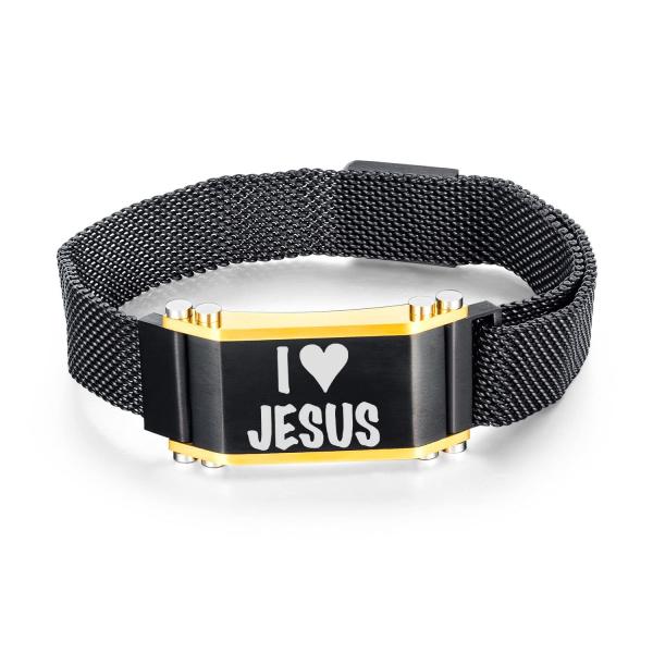 商品名:  SHNIAN Breathable Mesh Metal for Women Men Black Stainless Steel I Jesus Wristband Inspirational Bracelets Adjusta...