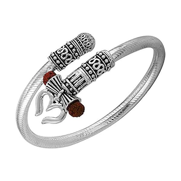商品名: Bholenath Kada シルバーベース メタル Kada 男性用 (調節可能) - Lord Shiva OM Rudraksh Damroo デザインブレスレット Kadas 男女兼用 Bholenath Kada Sil...