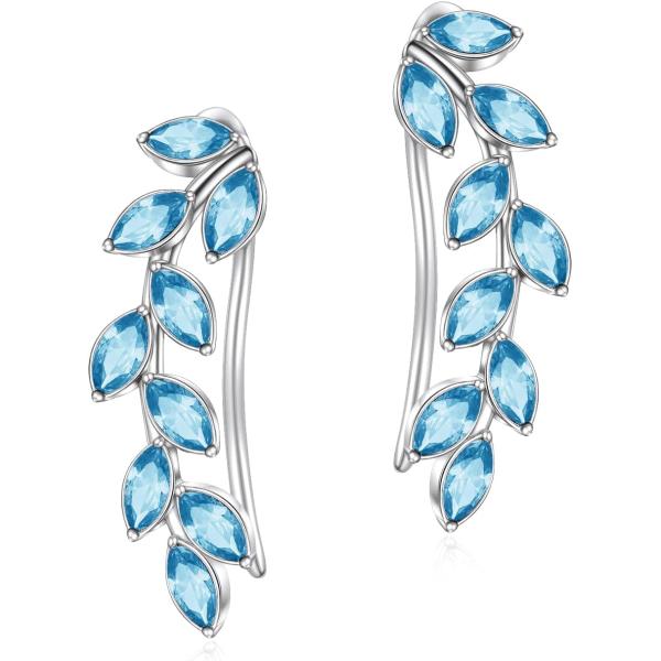商品名925 Sterling Silver Leaf Earring Ear Crawlers Earrings with Simulated Aquamarine Birthstone Crystals Climber Earrings...