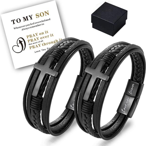 商品名: OQKKYY to My Son Pray Through It レザークロスブレスレット メンズ ダブルローマグネット留め パーソナライズされた編み込みブレスレット レザーロープバングル リストバンド 宗教ジュエリー 男性へのギ...