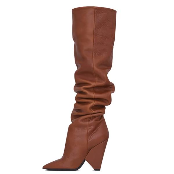 商品名:  Goolita Women's Pointed Toe Knee High Boots Suede Pleated Triangular Heel Slouch Boots Slip On Comfortable Dress L...