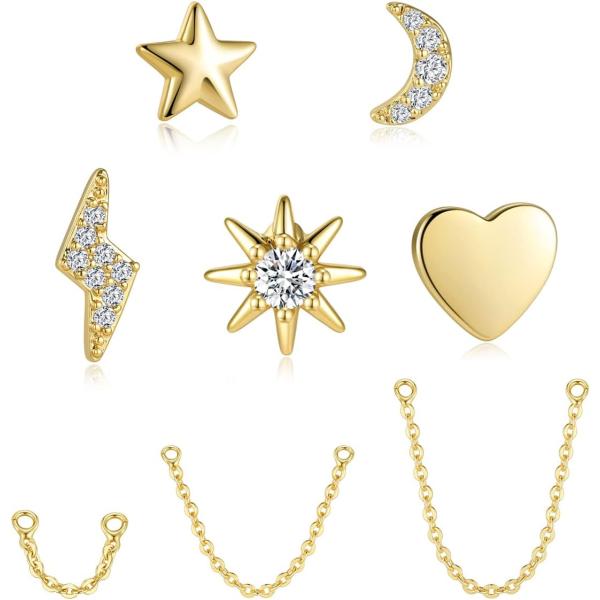 商品名18K ゴールド 星 月 ライトニング ハート スタッド イヤリングセット チェーン ダングル イヤリング レディース ガールズ DIY ゴールド チェーン イヤリング 複数のピアスに スモール キュート 低刺激性 スタッド イヤリン...