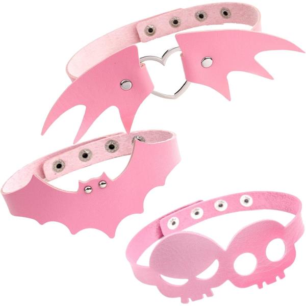 商品名Milakoo レディース ネックレス パンク バットウィング スカルパターン チョーカー ハート ラブリング ヴィンテージ ネックアクセサリー, フェイクレザー, 宝石なし。MILAKOO Pink Choker Set for H...