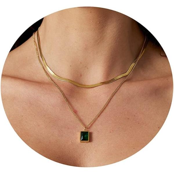 商品名LEXODY 14Kゴールド 多層スネークチェーンネックレス 2層 スネーク充填ヘリンボーンチョーカーネックレス レディース 重ね着キューバチェーン フラットスネークチェーンジュエリー, 真鍮, キュービックジルコニアLEXODY 1...