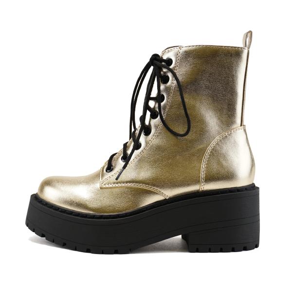 商品名:  Soda FLING Women Chunky Lug Sole Lace up Fashion Combat Ankle Boot w/Side Zipper (GOLD METALLIC PU, numeric_8_poin...