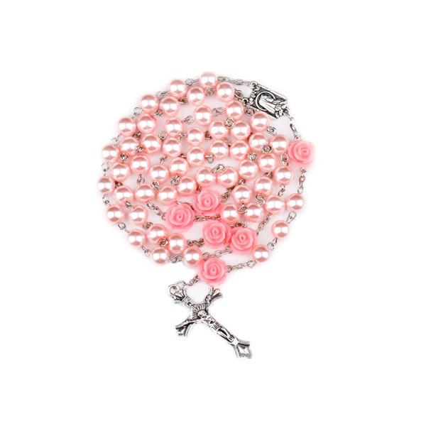 商品名: ロザリオパールビーズネックレス レディース 初聖体拝領 カトリック ロザリオ 祈り 男性 女の子 男の子 ローズルルドメダル クロス ロザリオ 十字架ネックレス, ガラス, 宝石なし。 Catholic Rosary Pink P...