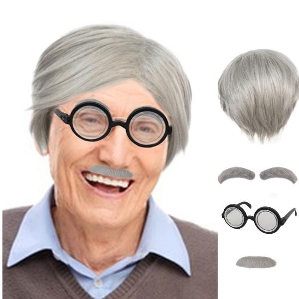 商品名:  IMEYLE 4 Pcs Set Old Men Wig (2 Eyebrows+1 Mustache+1 Glasses+1 Wig Cap) 100 Days of School Grandpa Costume Access...