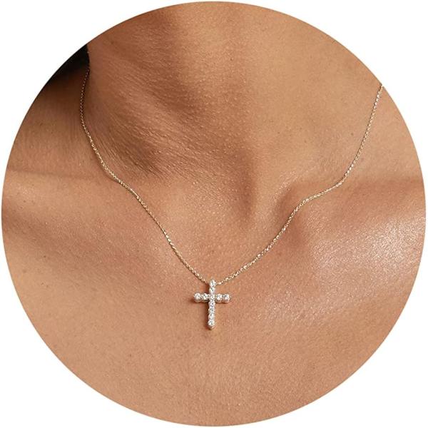 商品名DEARMAY クロスネックレス 女性用 華奢なゴールドシルバークロスネックレス 女性用 シンプル レイヤー スモールクロスチョーカー ネックレス 細いチェーンネックレス 美的ジュエリー 女性用 女の子用 ギフト, 真鍮, キュービッ...